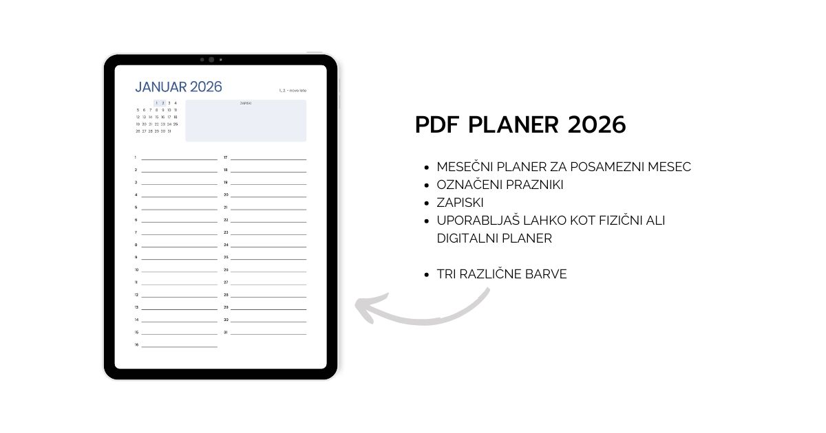 Mesečni planer 2026 s koledarjem in možnostjo zapiskov